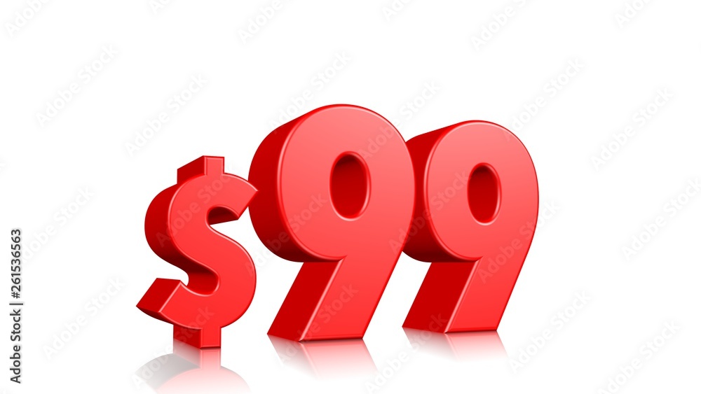 99$ ninety nine price symbol. red text 3d render with dollar sign on white background Stock ...