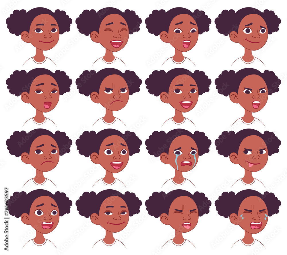 Black African American girl's facial emotions set. Cartoon character ...