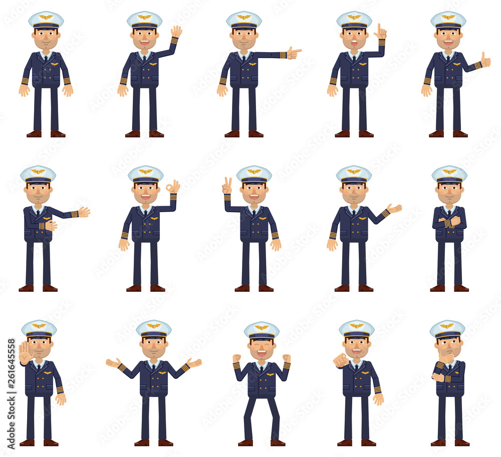 Big set of airline pilot characters showing different hand gestures ...