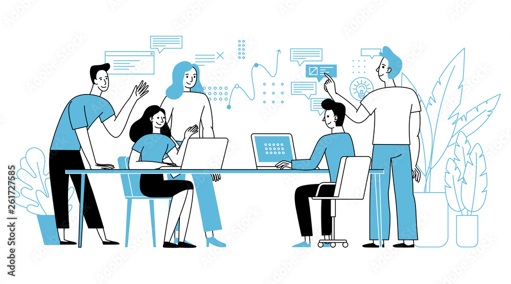 Vector illustration in simple flat linear style with smiling cartoon ...