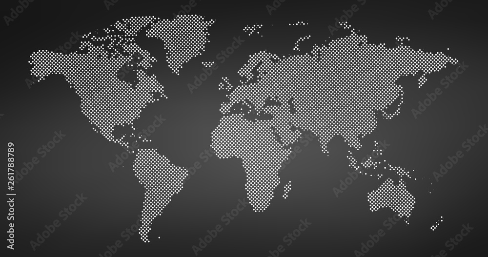 Black halftone dotted world map. Vector illustration. Dotted map in ...