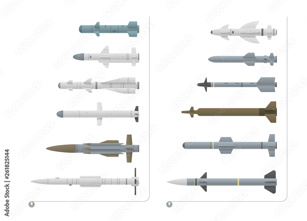 Vector illustration of a set of different types of missiles isolated on ...