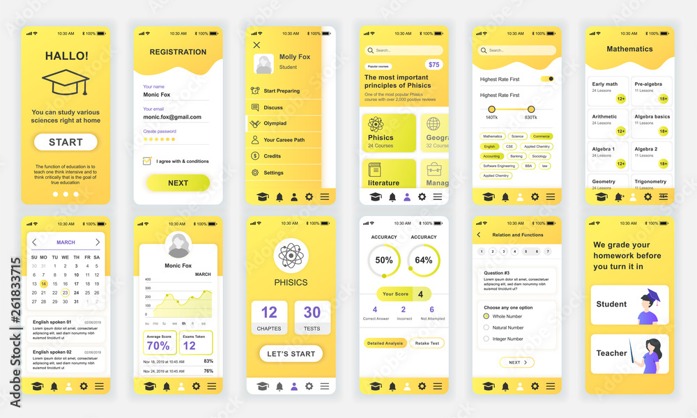 Set of UI, UX, GUI screens Education app flat design template for ...