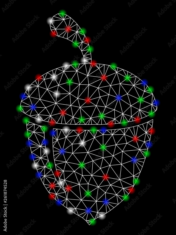 Bright mesh acorn with glare effect. White wire frame triangular mesh ...