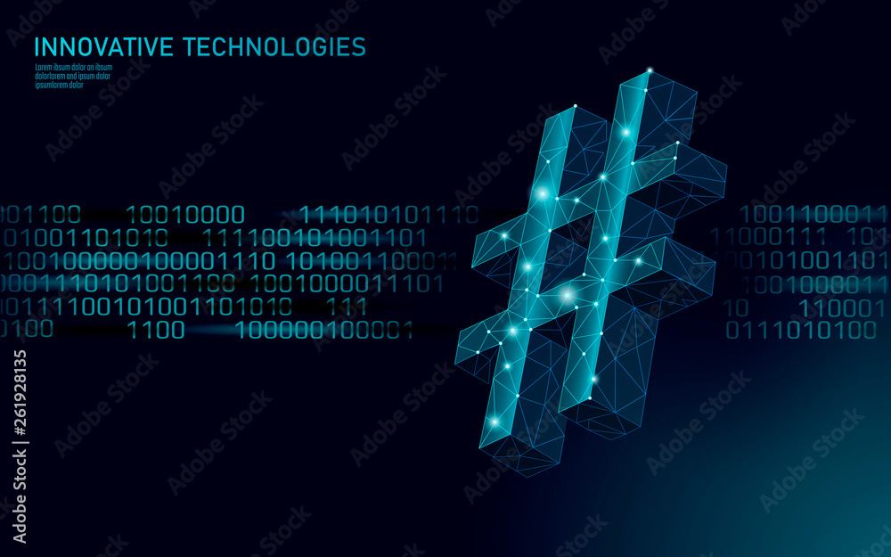 3D hashtag symbol dark blue glowing low poly. Communication online ...