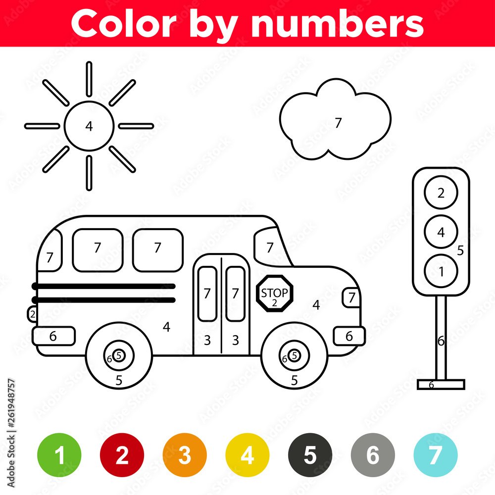 Educational game coloring by numbers. Vector cartoon school bus and ...