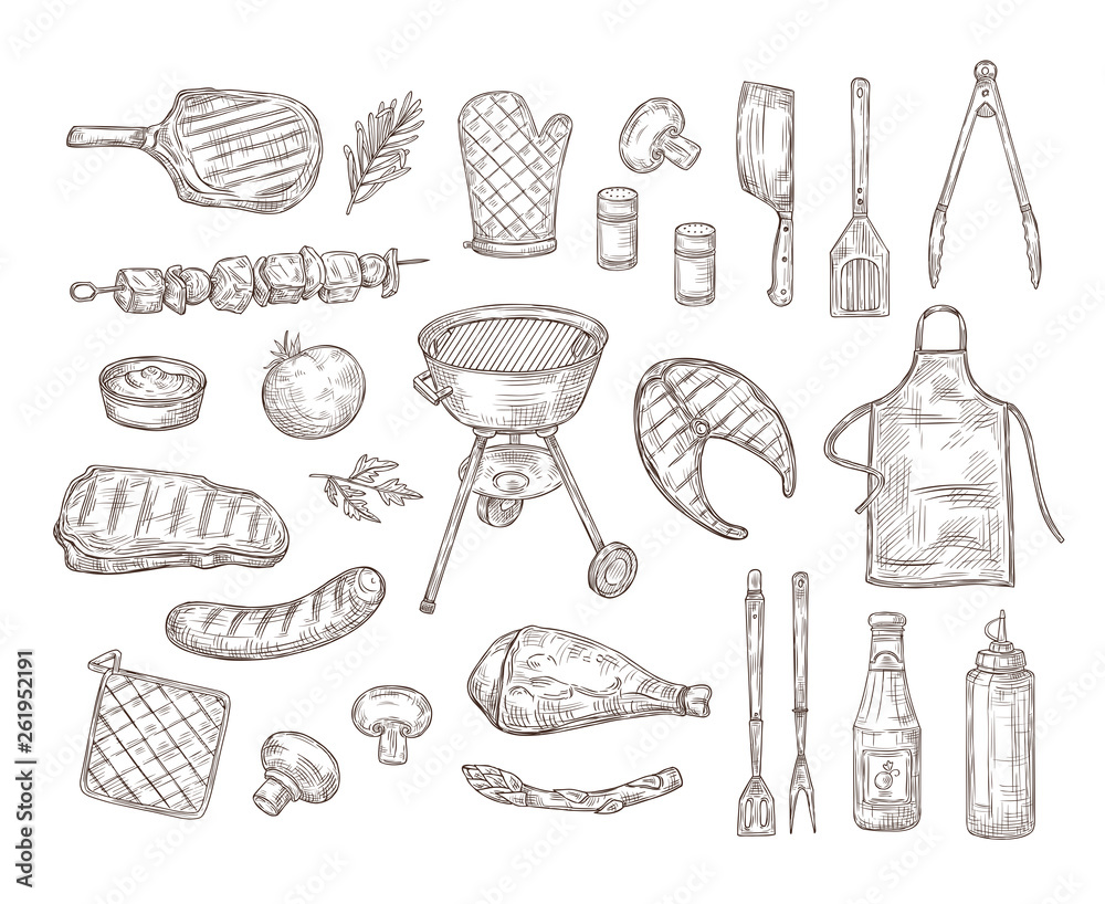 Sketch bbq. Barbeque doodle drawing grill chicken sauce barbecue ...