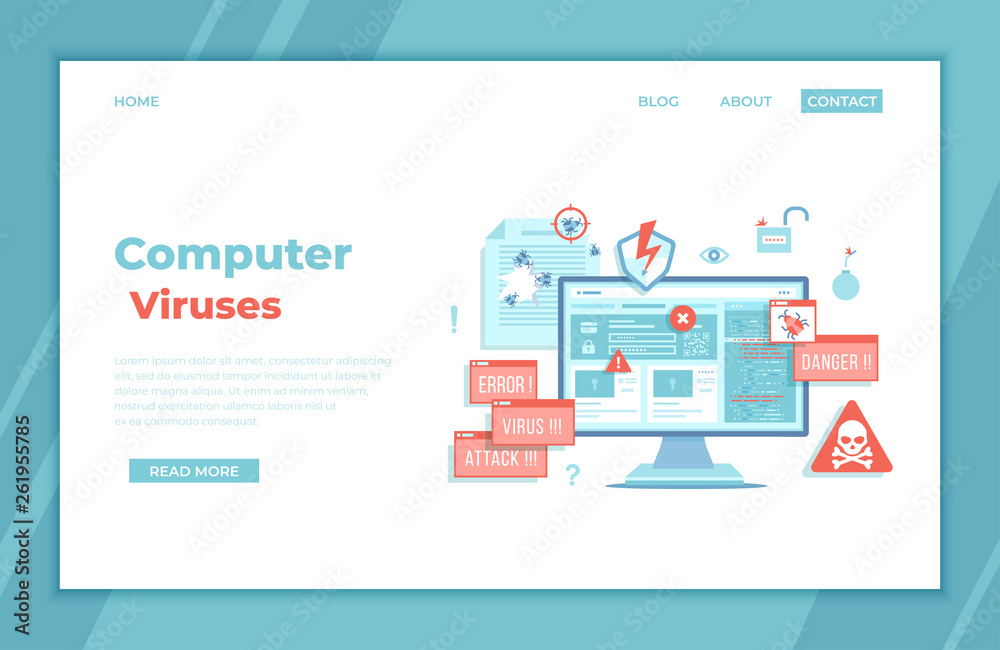 Image vectorielle Stock Computer Viruses Attack, Errors detected, Warning signs, Stealing data ...