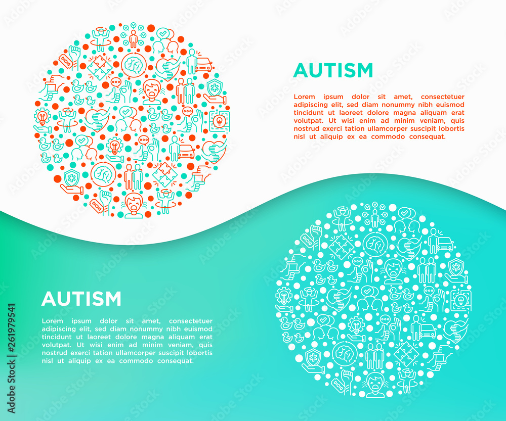 Autism concept in circle, symptoms and adaptive skills thin line icons ...