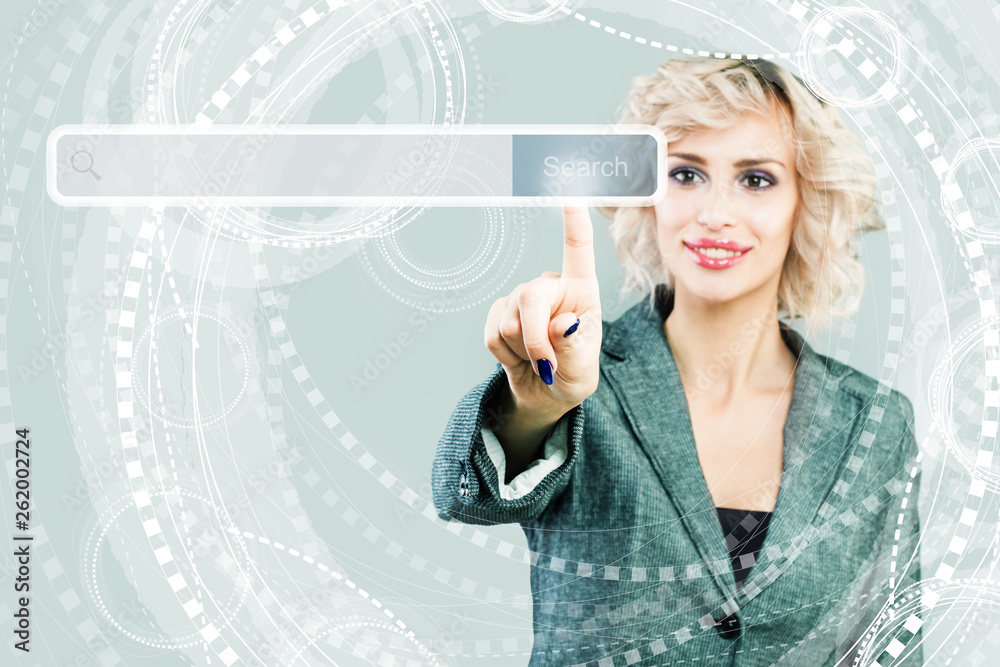 Web and www concept. Business woman with empty address bar with search ...