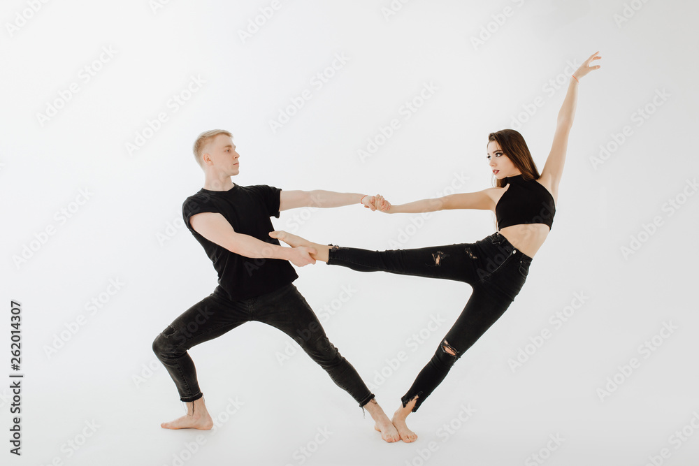 Professional Caucasian Performer Couple Posing. Beautiful Female Dancer ...