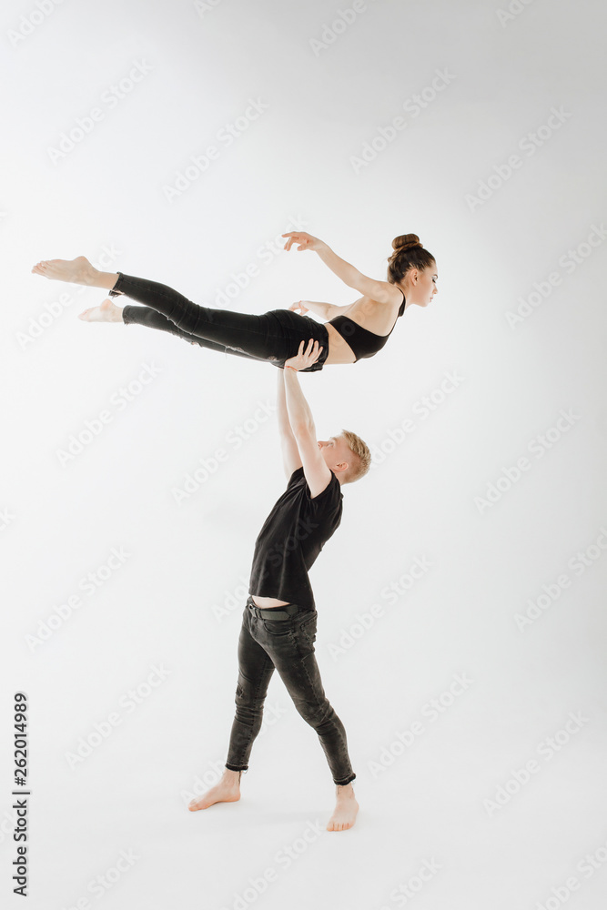 Modern Ballet Dance Couple High Level Lift Pose. Man in Stand, Hold ...