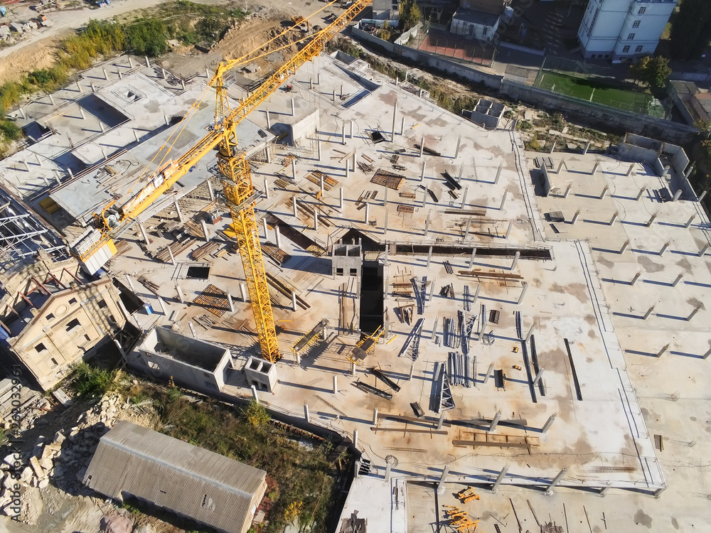Construction site aerial view. Mall building base with solid concrete ...