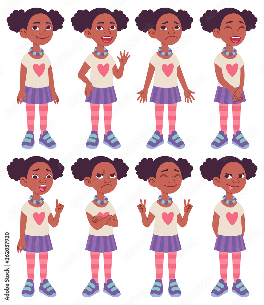 Cartoon character design. Black African American girl. Set of different ...