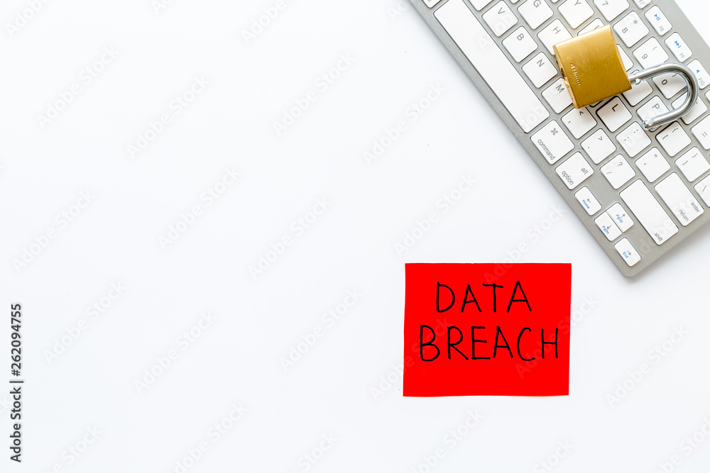 computer system protection from hacker with data breach copy, locker and keyboard on white ...