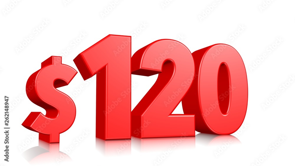 120$ One hundred and twenty price symbol. red text 3d render with ...