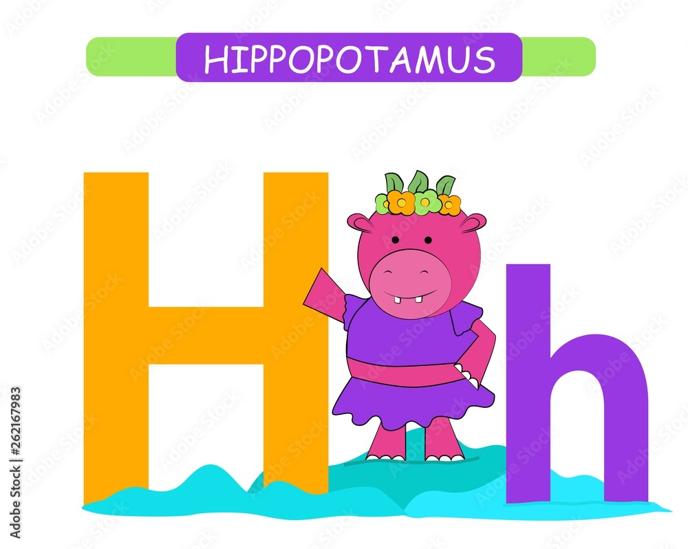 Letter H and funny cartoon hippopotamus. Animals alphabet a-z. Cute zoo ...