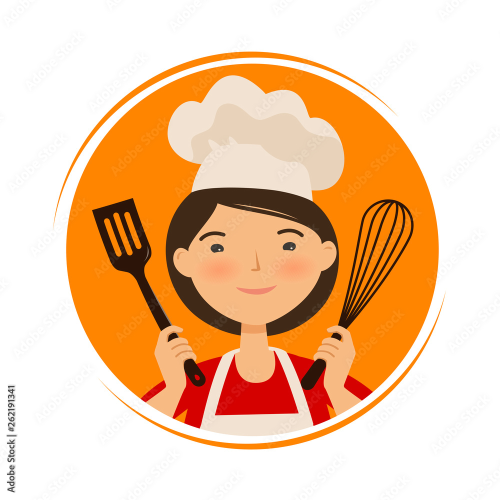 Cooking, cuisine logo. Cute girl in chef hat. Cartoon vector ...