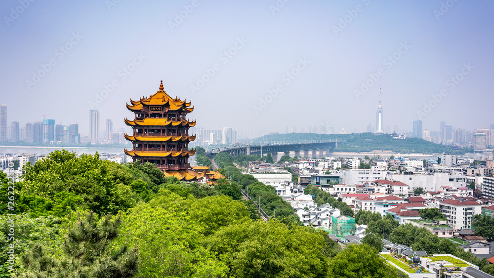 Scenic view of the Yellow crane tower and Yangtze Great bridge the ...