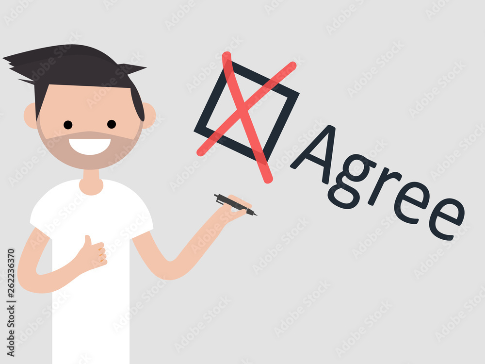 Agree.Young character with pen shows checkbox with a cross on grey ...