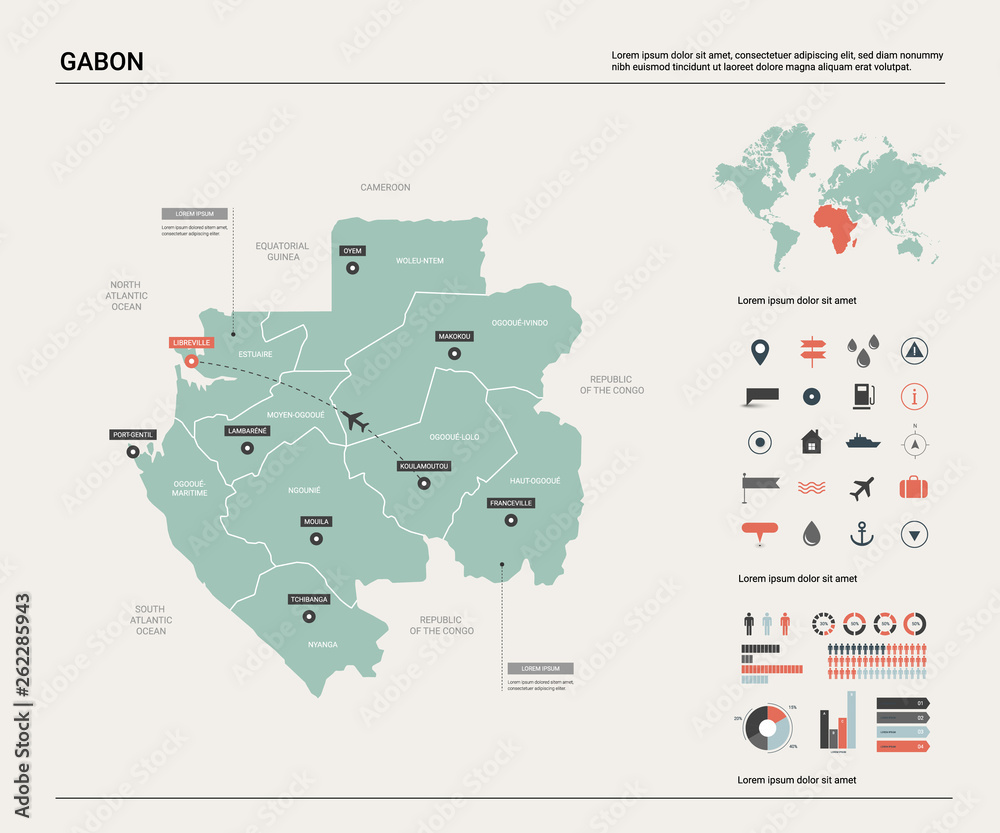 Vector map of Gabon. High detailed country map with division, cities ...