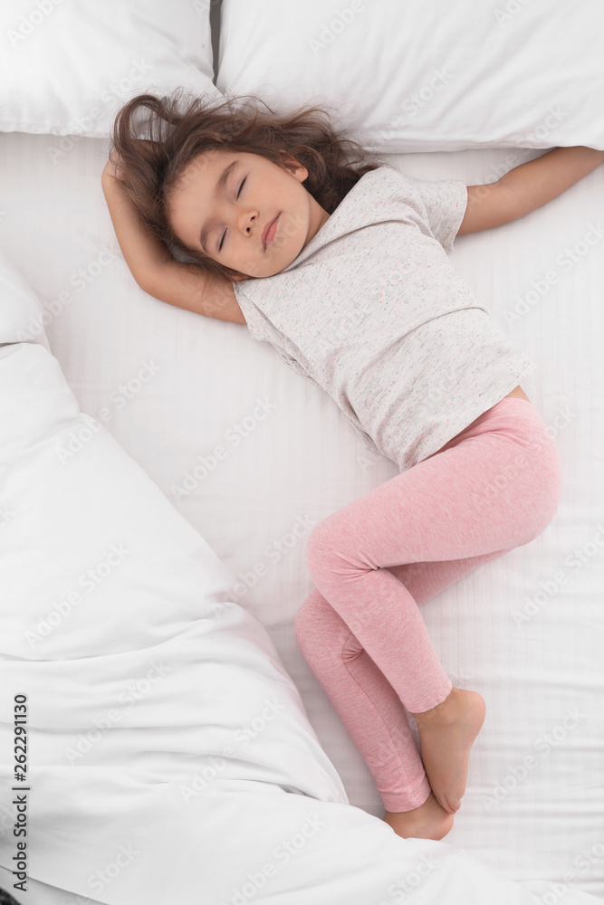 Cute little girl sleeping on cozy bed, view from above Stock Photo ...