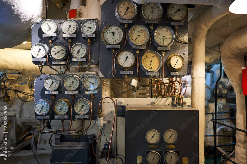 Control Panel With Vintage Manometers Pressure Gauges And Thermometers