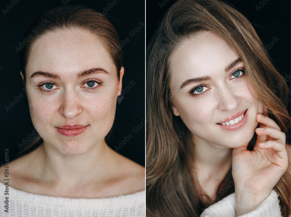 Foto de Stock Young Girl Before After Makeup Compare Portrait. Woman ...