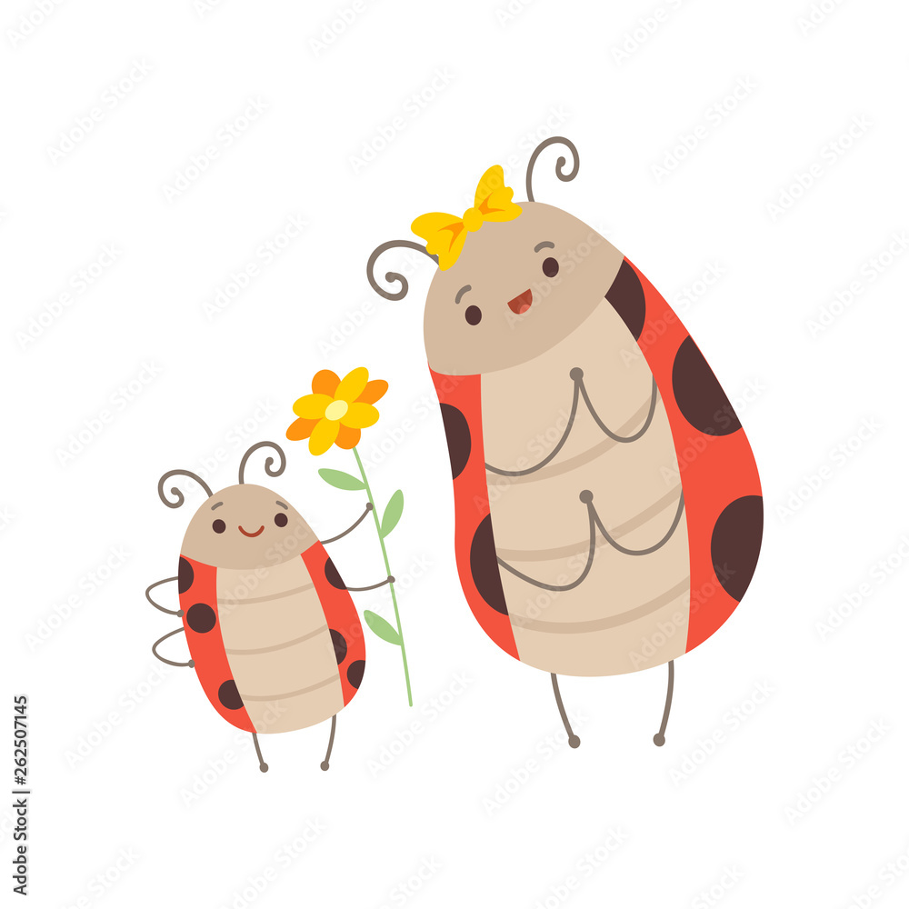 Happy Ladybug Family, Mother Ladybug and Her Child, Cute Cartoon Flying ...