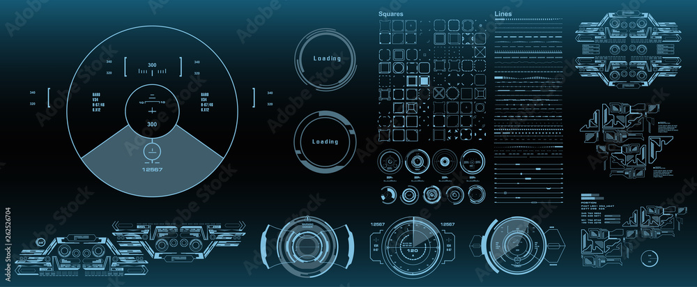 HUD elements mega set pack. Dashboard blue display virtual reality technology screen. Futuristic ...