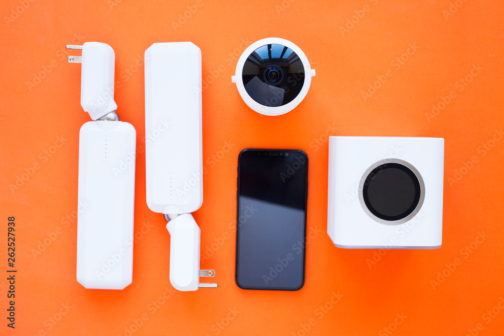 Wifi business concept. Wifi router, access points, mobile phone, laptop ...