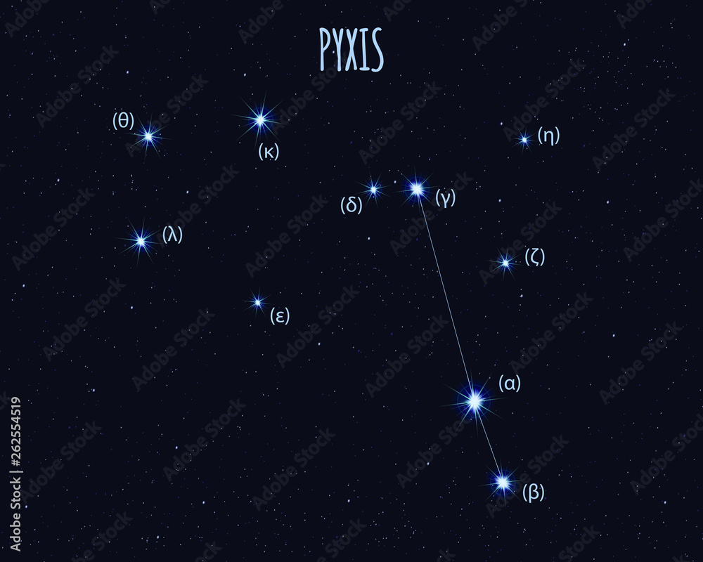 Pyxis (The Compass) constellation, vector illustration with basic stars ...