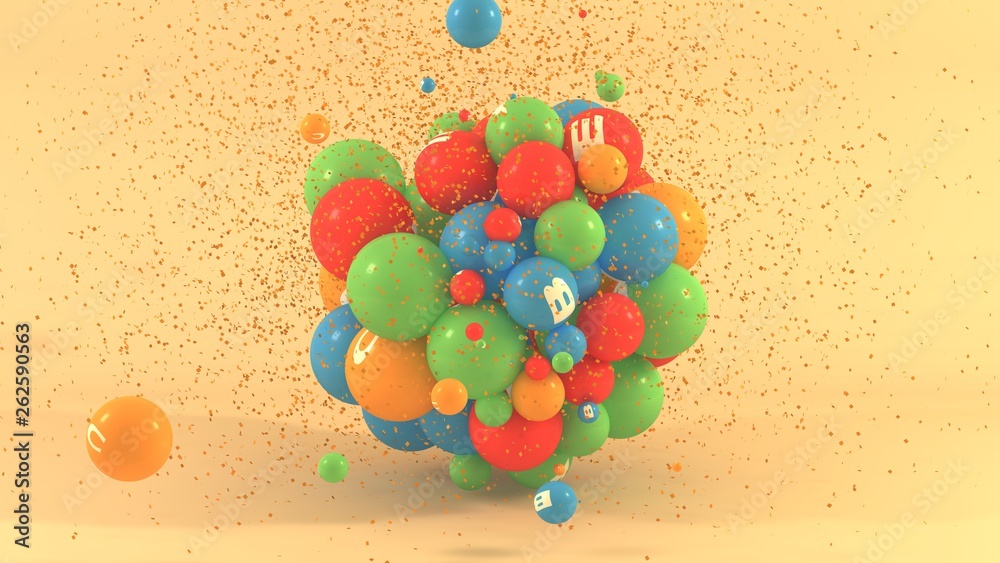 3D illustration of many balls of different colors with symbols of ...