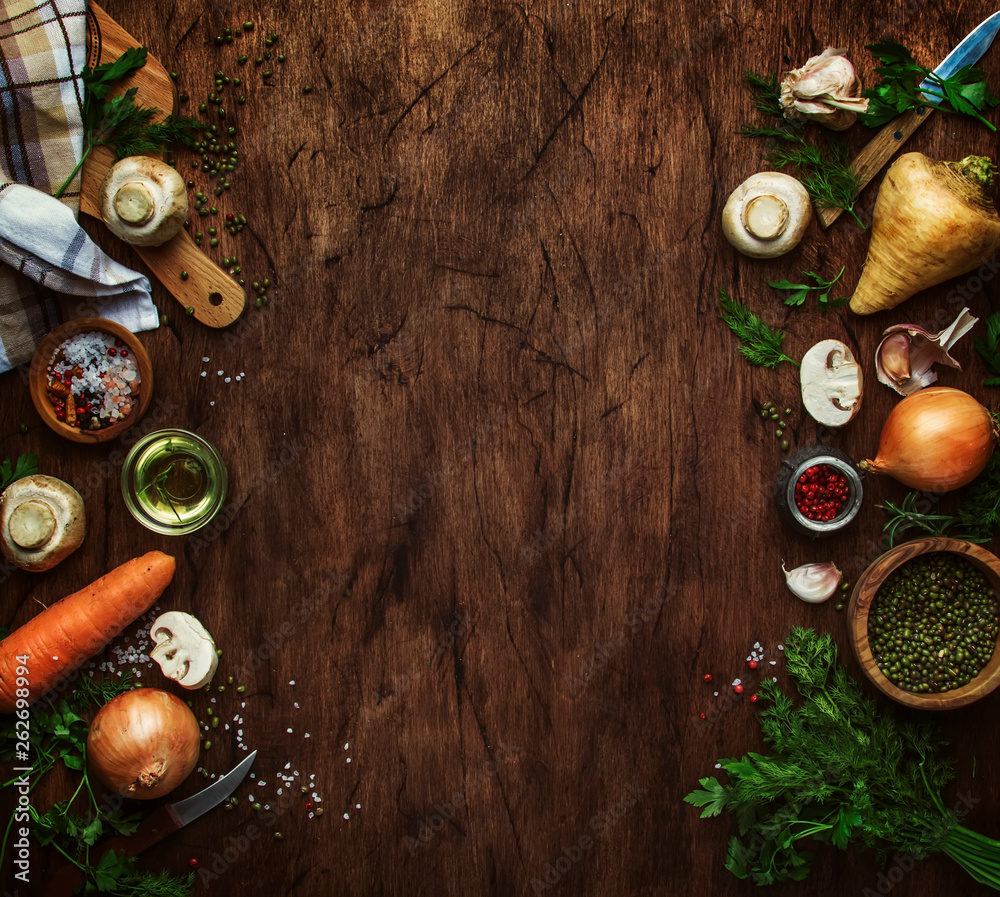 Food cooking background. Ingredients for prepare green lentils with ...