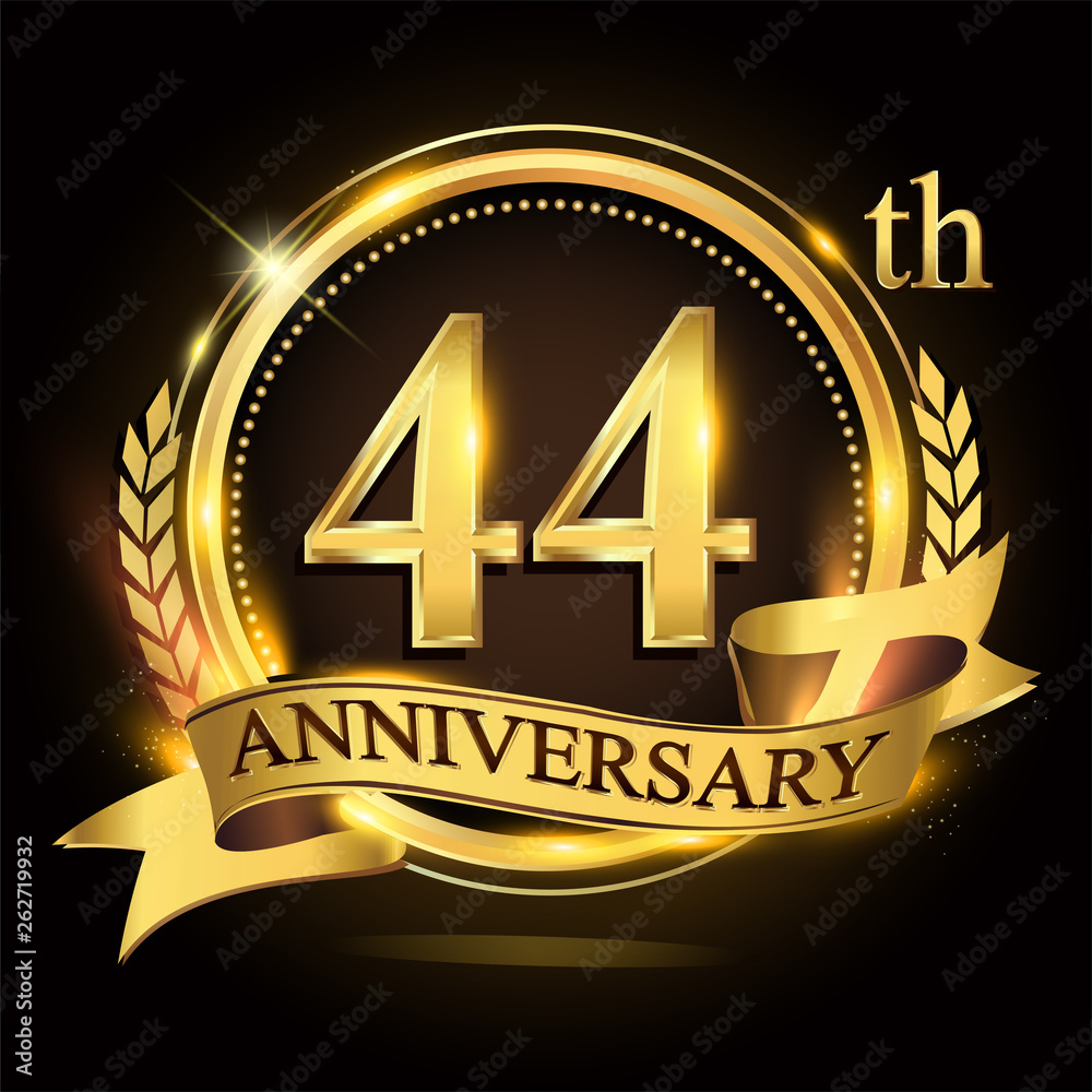 Vector de Stock 44th golden anniversary logo with ring and ribbon ...