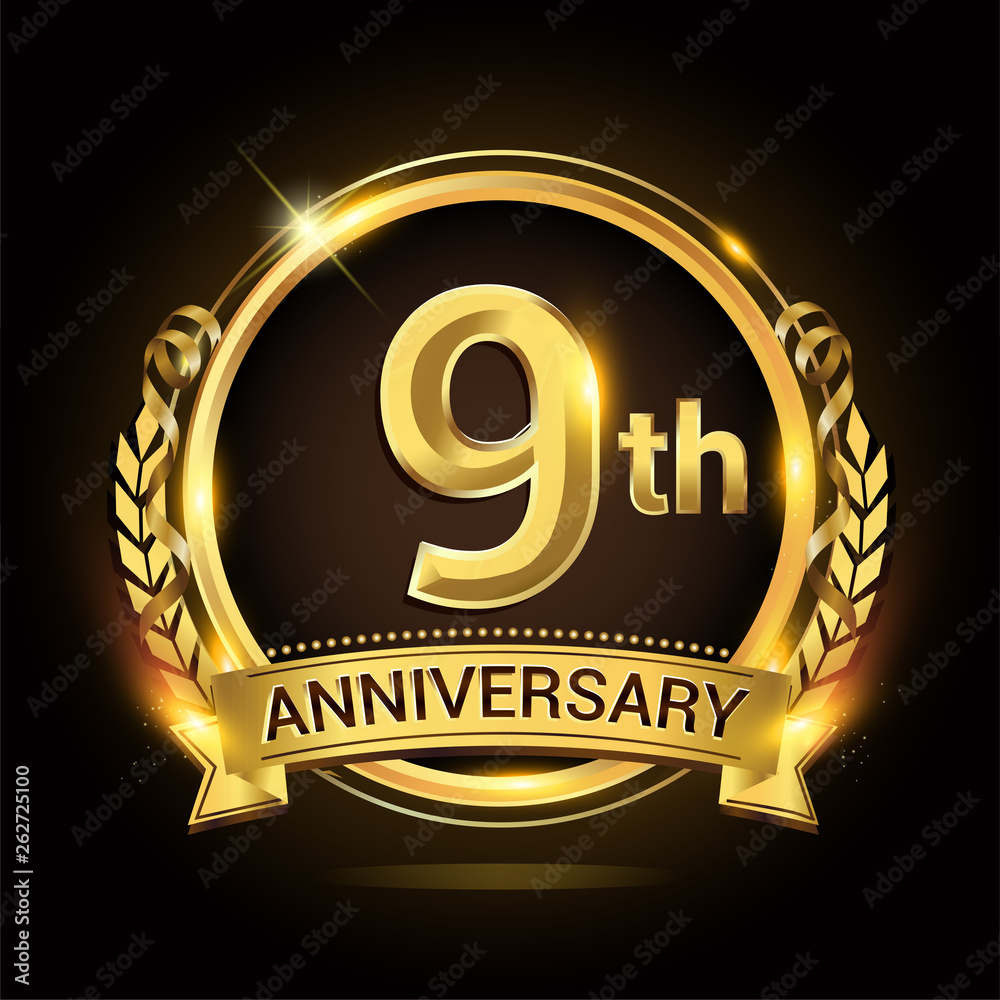 9th golden anniversary logo, 9 years anniversary celebration with ring ...