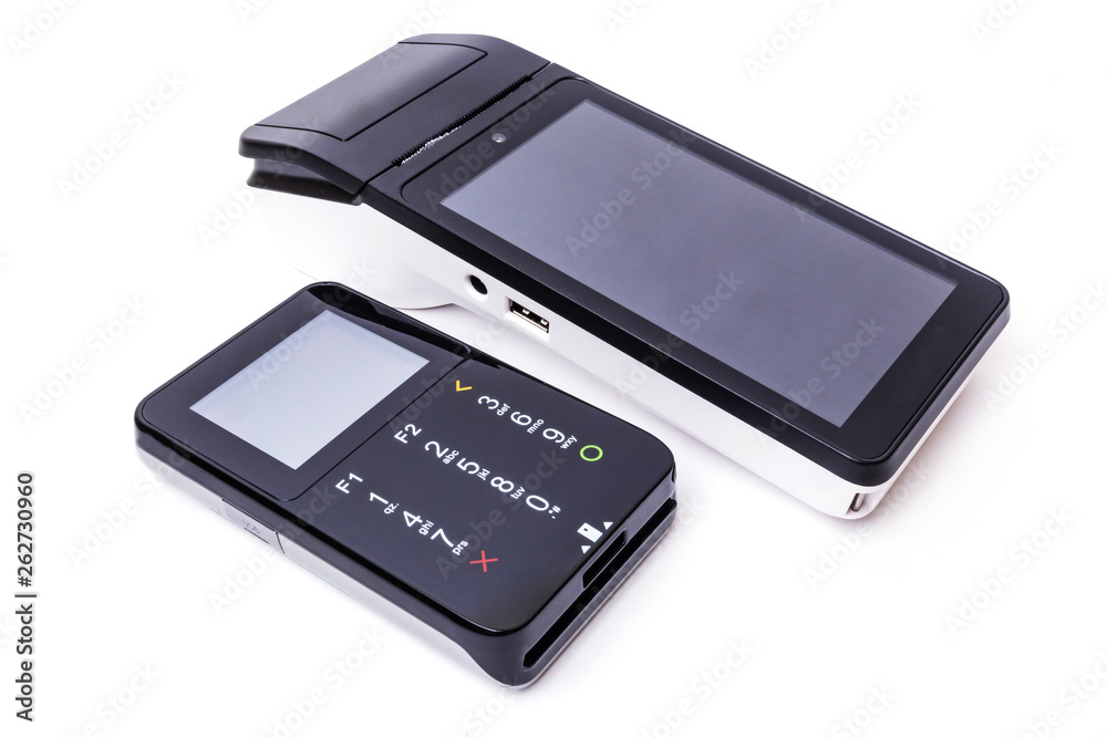Pos terminal and online ticket office on a white background. Banking ...