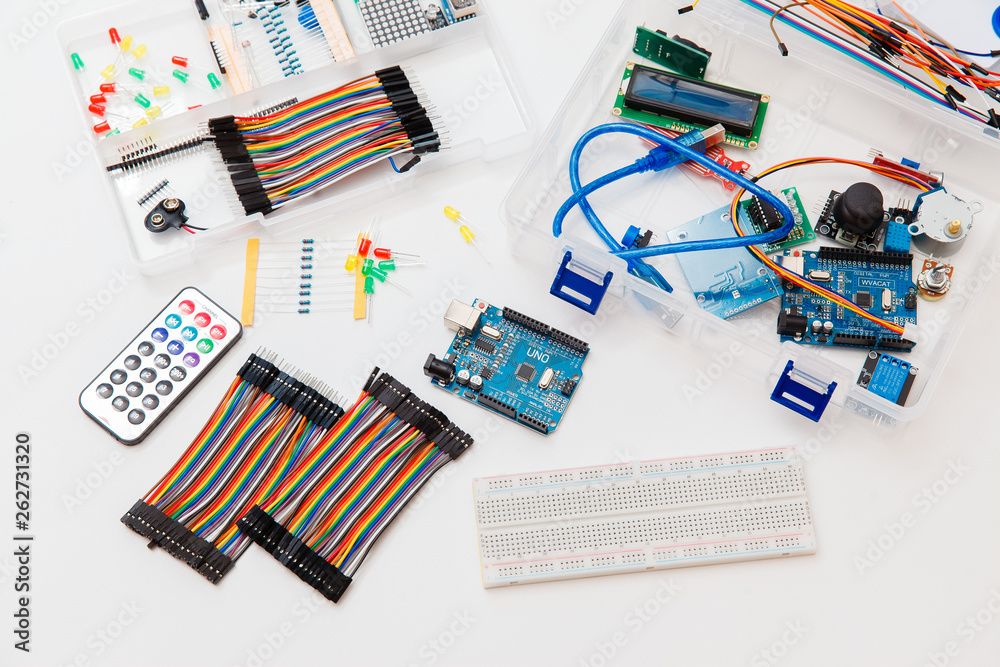 DIY arduino. Flat layout on white background, copy space. Electronic ...