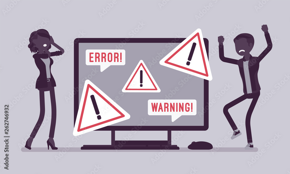 PC error, warnings for users. Angry male, female clients near monitor ...