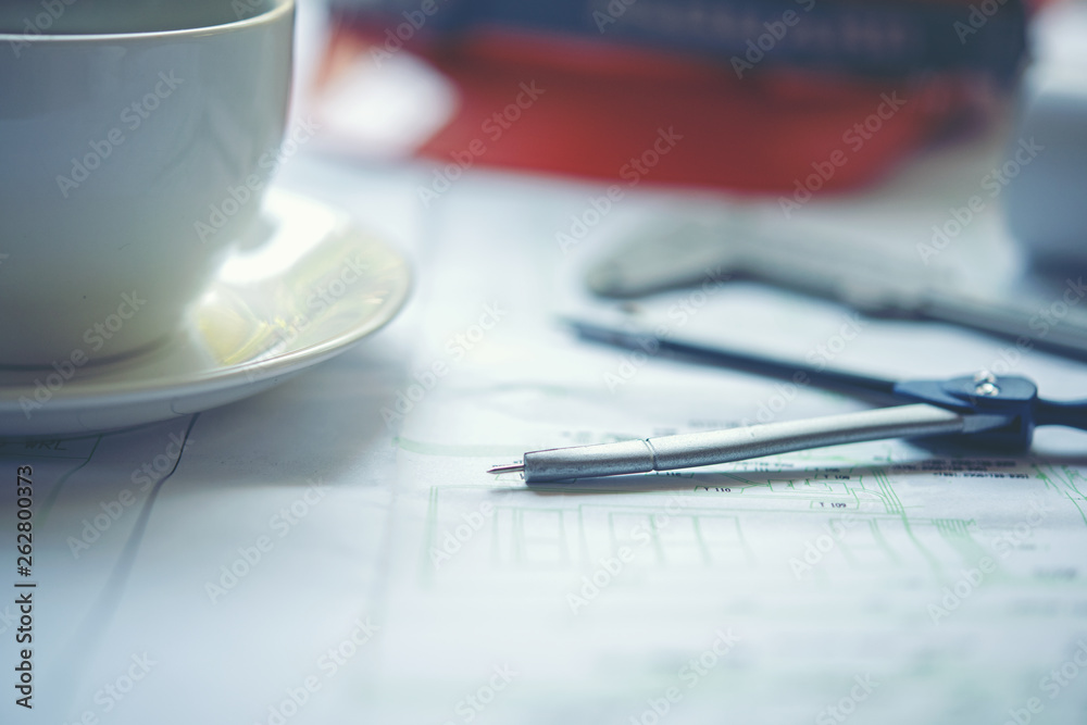 Stock-Foto „Architect working on blueprint. Architects workplace ...
