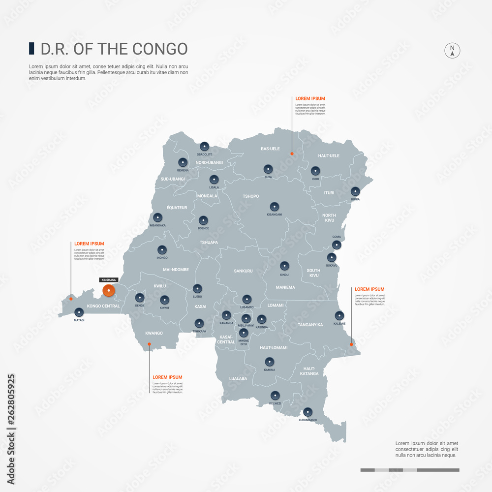 Democratic Republic of the Congo map with borders, cities, capital and ...
