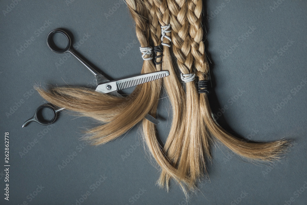 Chopped off blond braided hair on a grey background Stock Photo | Adobe ...
