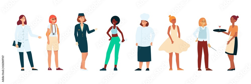 Women of different races and professions in modern uniforms background ...