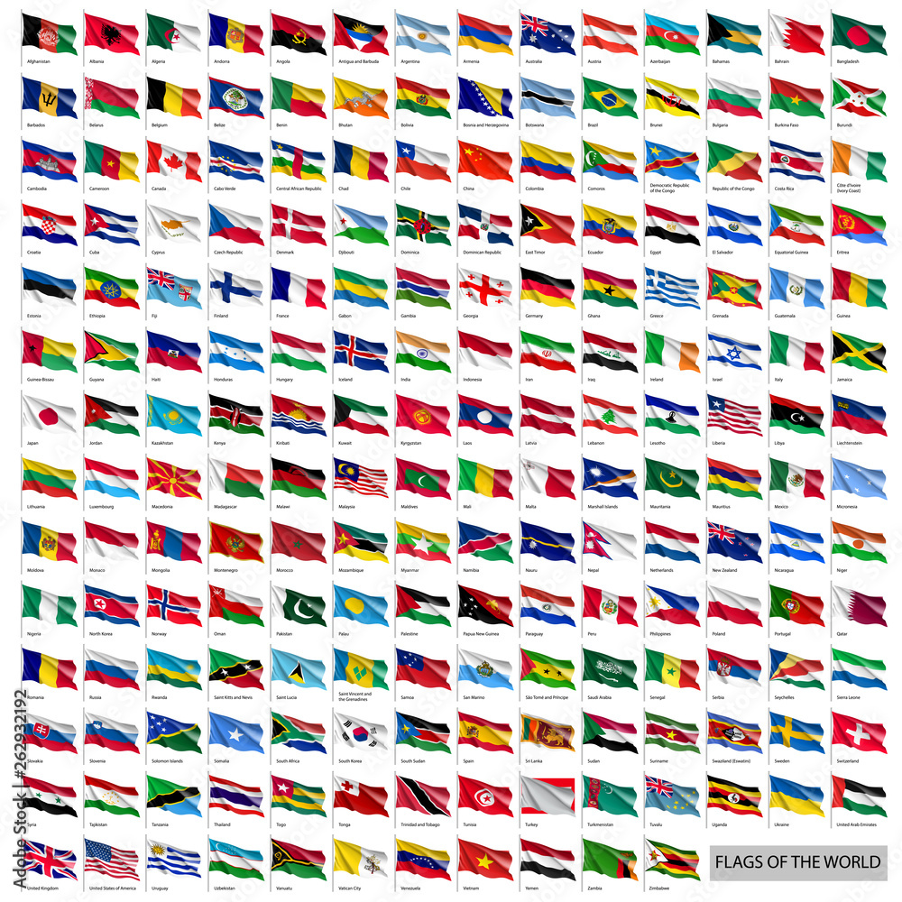 Wavy worldwide national flags on flagpoles. Realistic all world ...