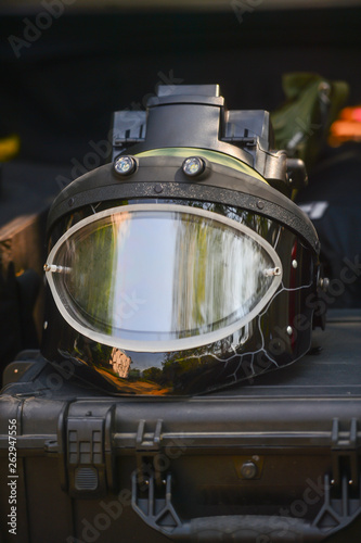 EOD helmet of The explosive ordnance disposal suit put on the tool box ...