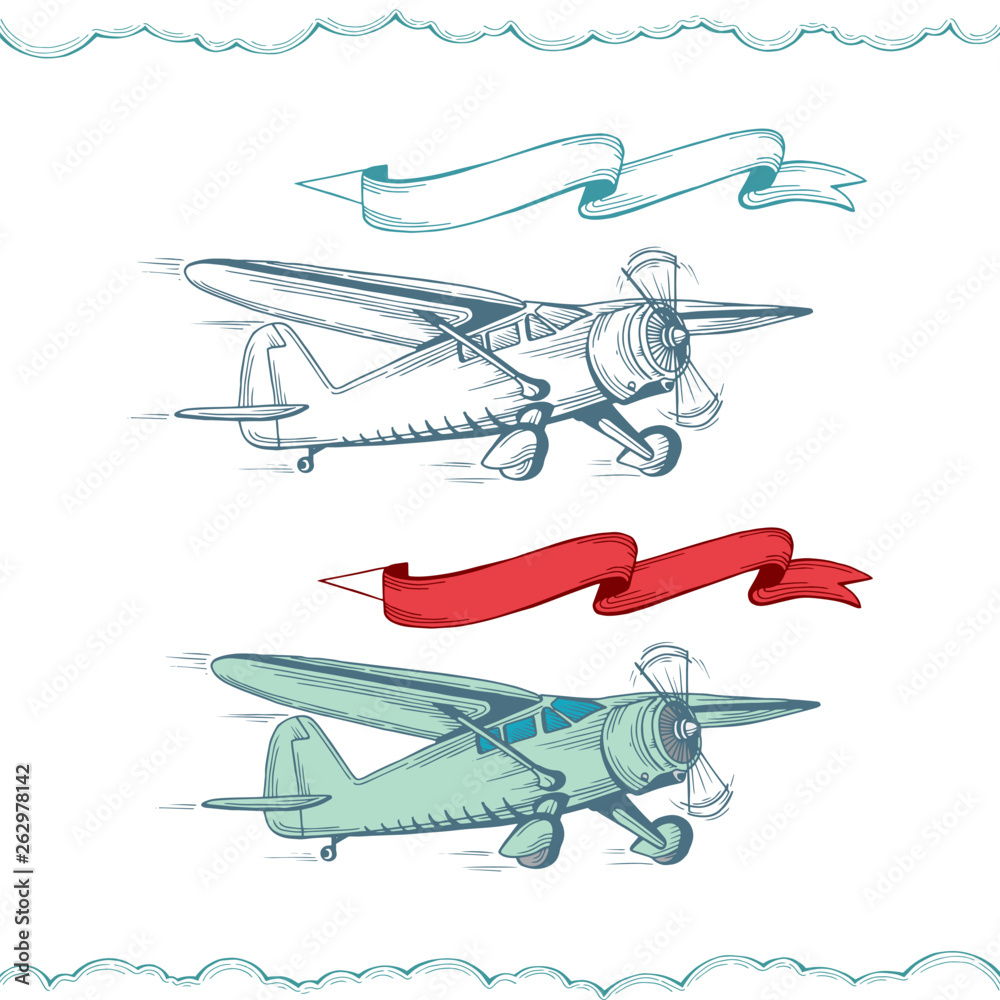 Airplane. Hand drawn biplane illustration with advertising banners ...