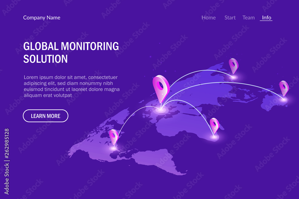 Global monitoring system. Global communications. Virtual world map ...