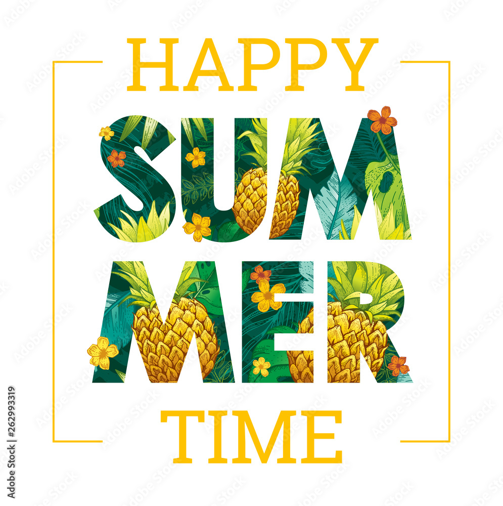 Hello Summer logo with pineapple fruit, tropic leaf pattern. Ananas ...