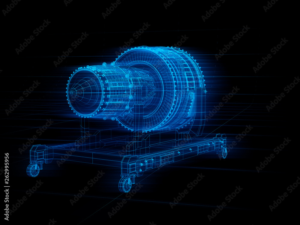 Wireframe rendering of turbojet engine on black background. Digital ...