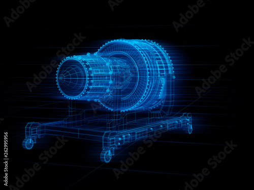 Wireframe rendering of turbojet engine on black background. Digital ...